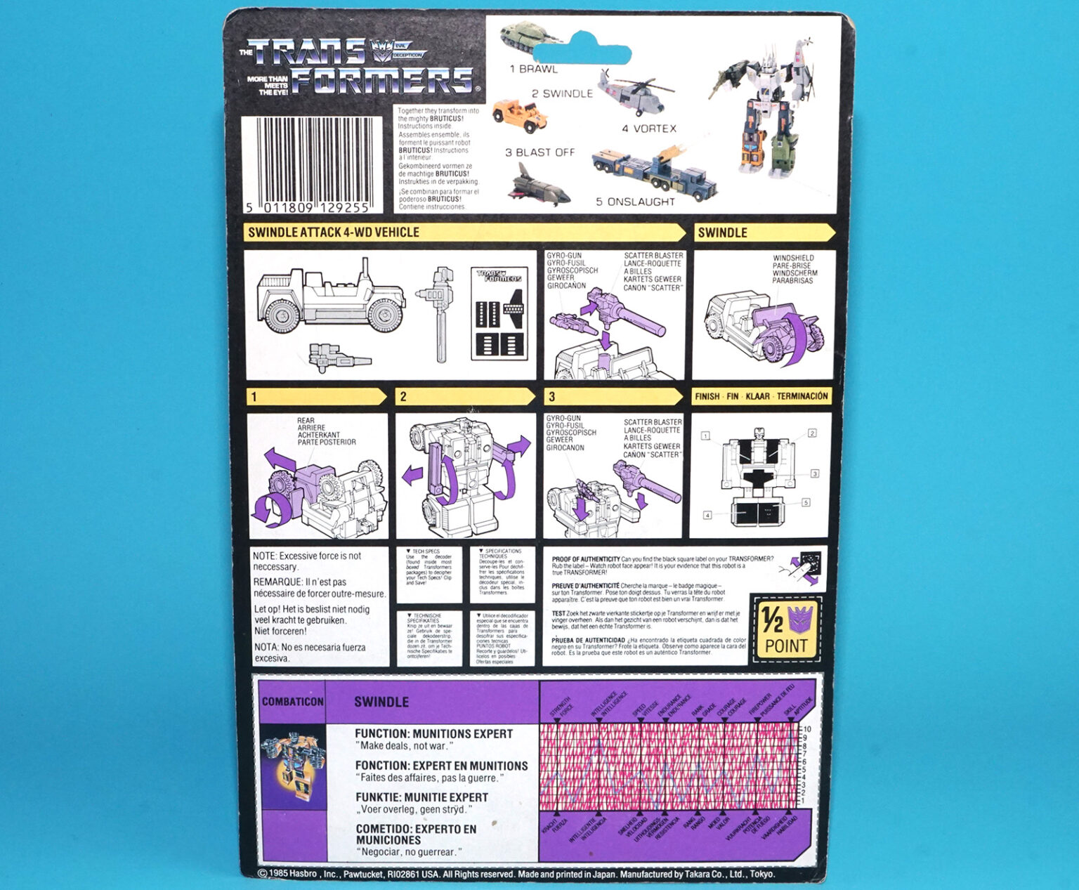 TRANSFORMERS G1 COMBATICON SWINDLE TECH SPECS CARDBACK EURO 1985 HASBRO ...