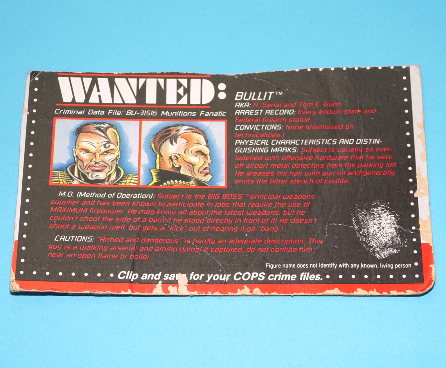 COPS N CROOKS BULLIT BIO FILE CARD 1988 HASBRO - Boonsart shop