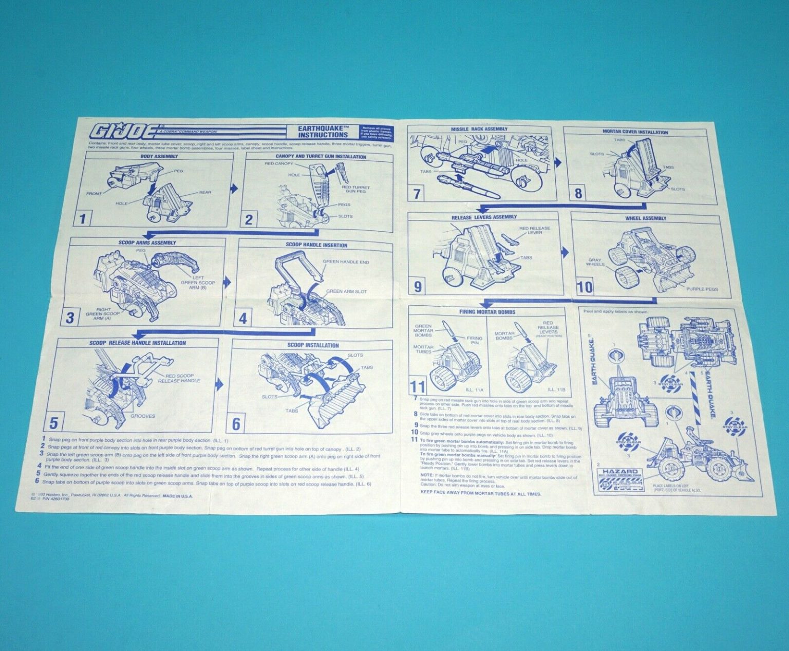 1992 GI JOE EARTHQUAKE SPARE BLUEPRINT INSTRUCTIONS US USA HASBRO ...