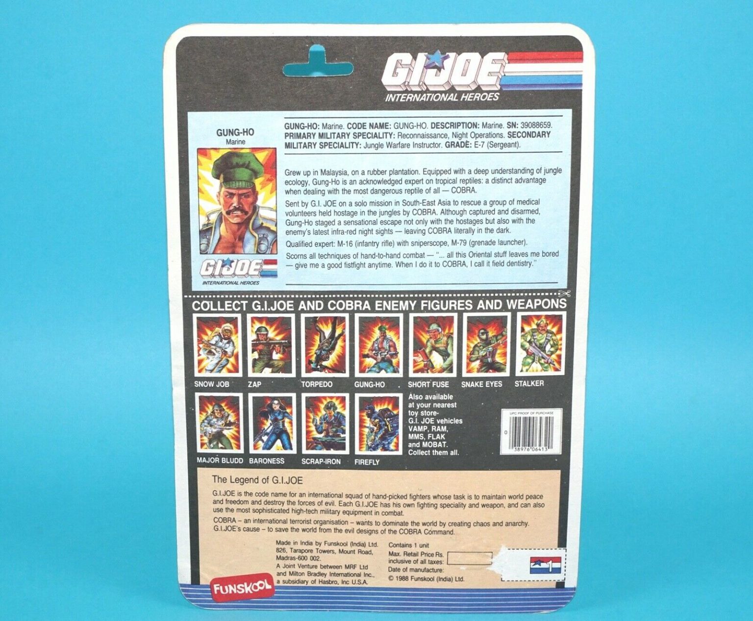 1983 GI JOE GUNG-HO v1 UNCUT FILE CARD CARDBACK 1988 FUNSKOOL INDIA HTF ...